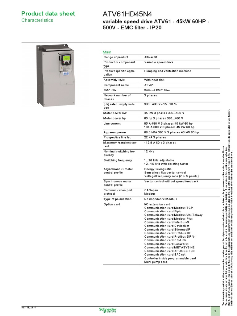 ATV61HD45N4: Product Data Sheet | PDF | International Electrotechnical ...