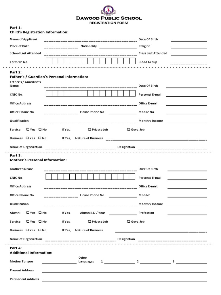 Dawood Public School Registration Form | PDF | Birth Certificate ...