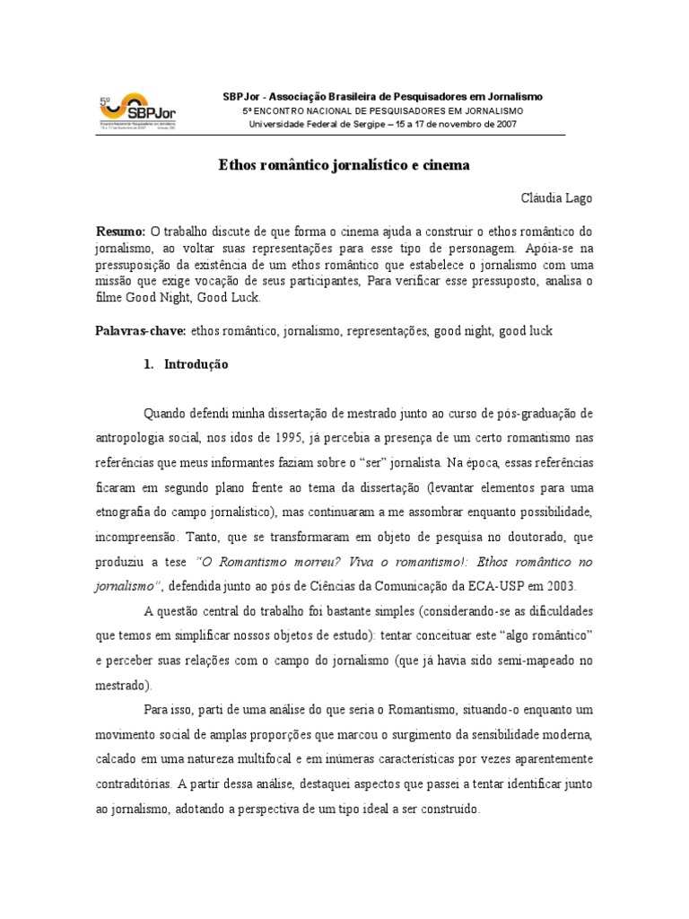 Ethos Romântico no Jornalismo e Cinema | PDF | Jornalismo | Romantismo