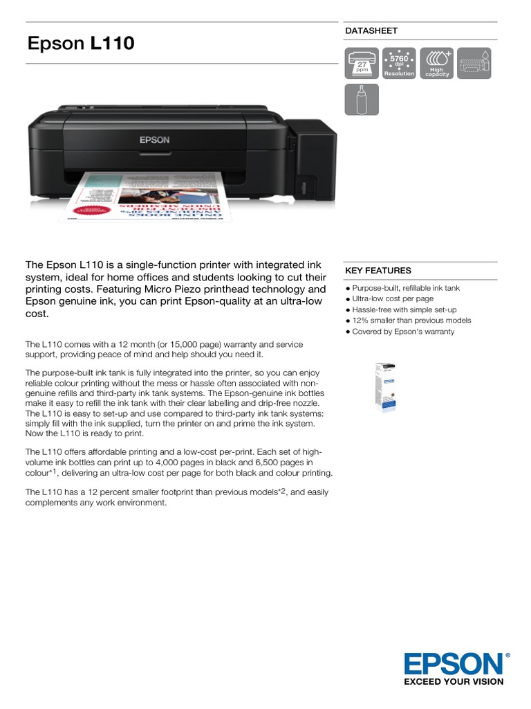 Epson L110 Datasheet | PDF | Printer (Computing) | Office Equipment