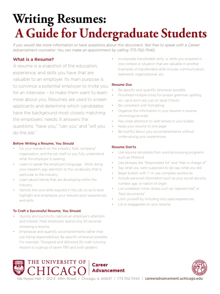 Resume Writing Guide for Students | PDF | University Of Chicago | Résumé