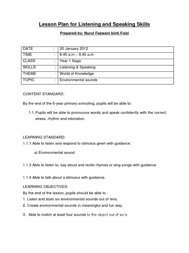 Lesson Plan For Listening and Speaking Skills | PDF | Lesson Plan ...