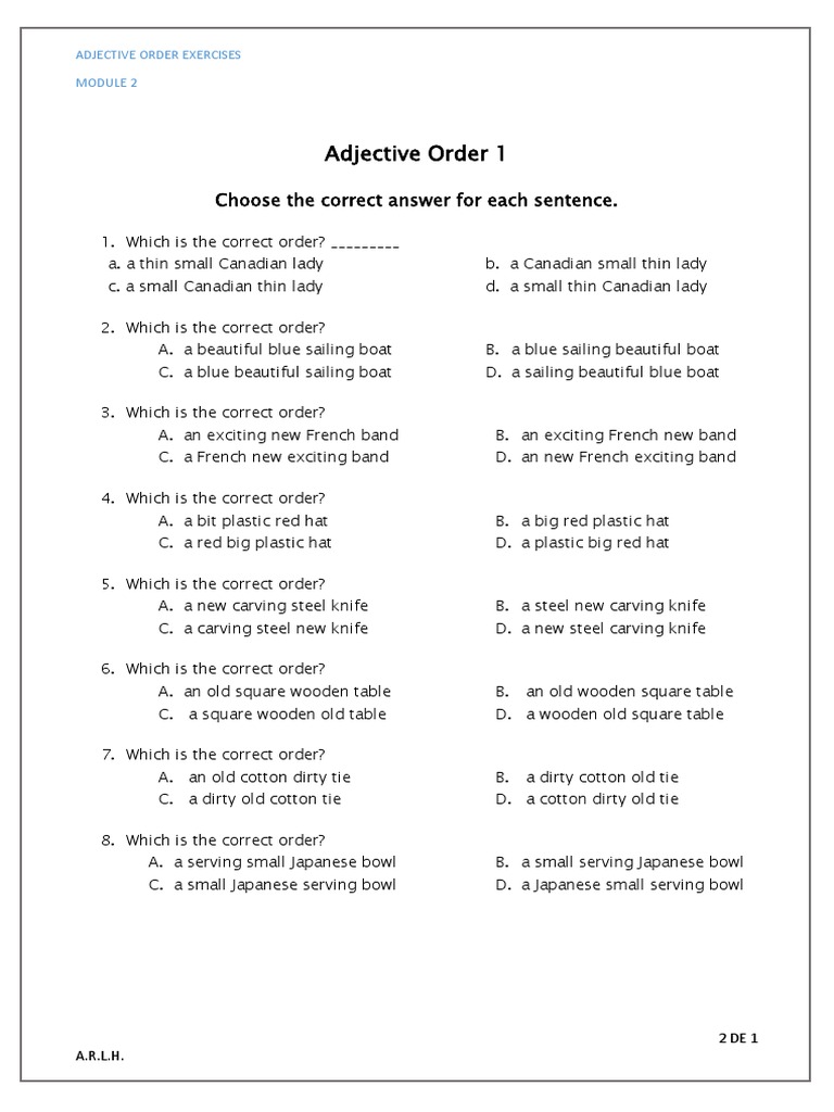 Adjective Order Exercises and Answers | PDF