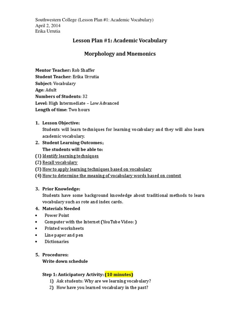 Morphology and Mnemonics in Vocabulary | PDF | Lesson Plan | Vocabulary
