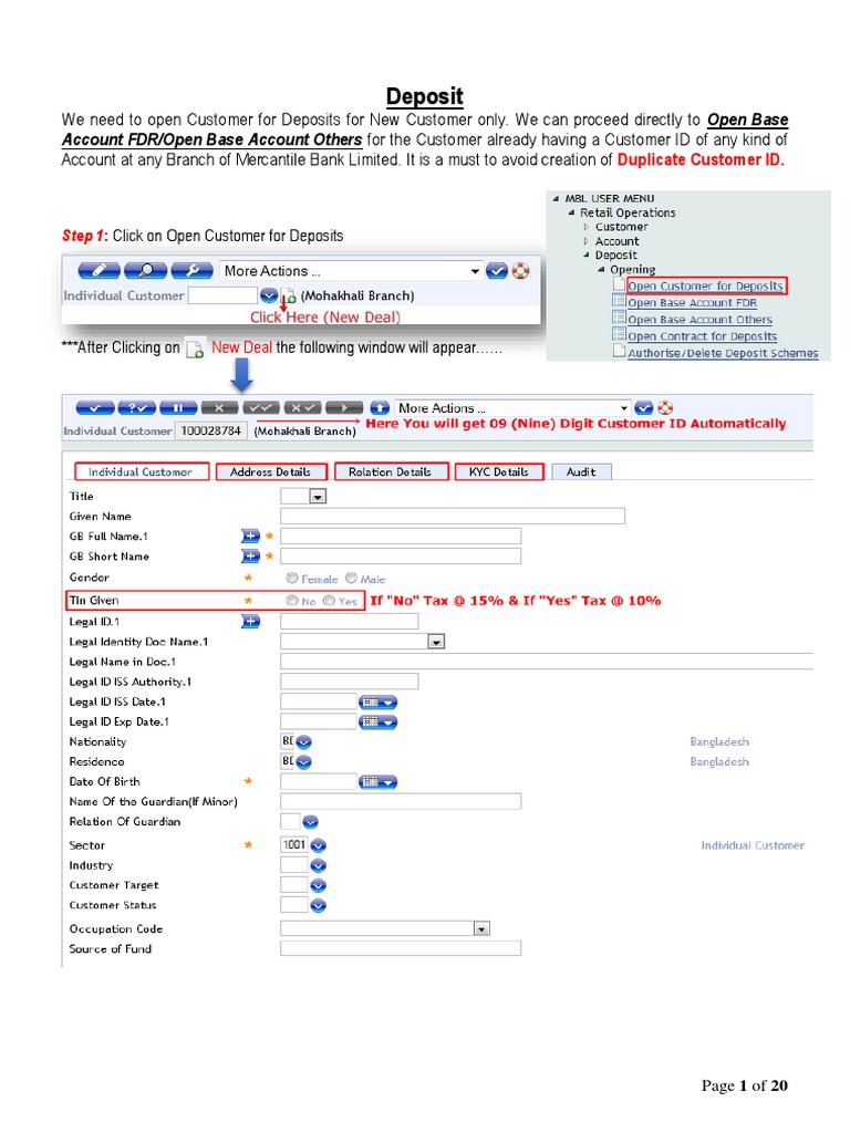 Deposit: Account FDR/Open Base Account Others For The Customer Already ...