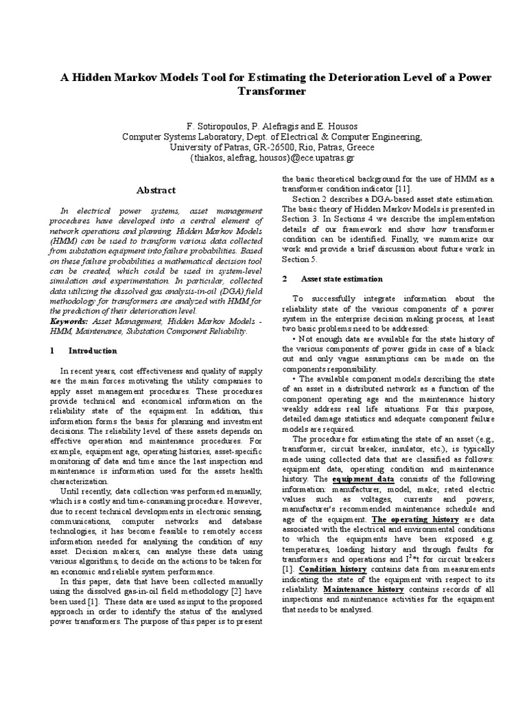 A Hidden Markov Models Tool For Estimating The Deterioration Level of A Power Transformer | PDF ...