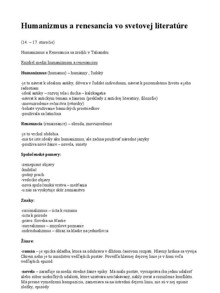 Humanizmus A Renesancia Vo Svetovej Literatúre | PDF