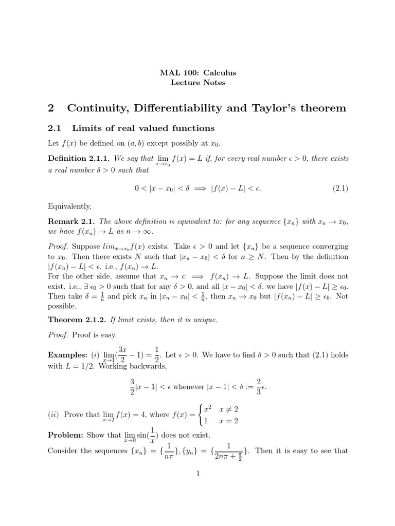 2 Continuity, Differentiability and Taylor's Theorem: 2.1 Limits of Real Valued Functions | PDF ...