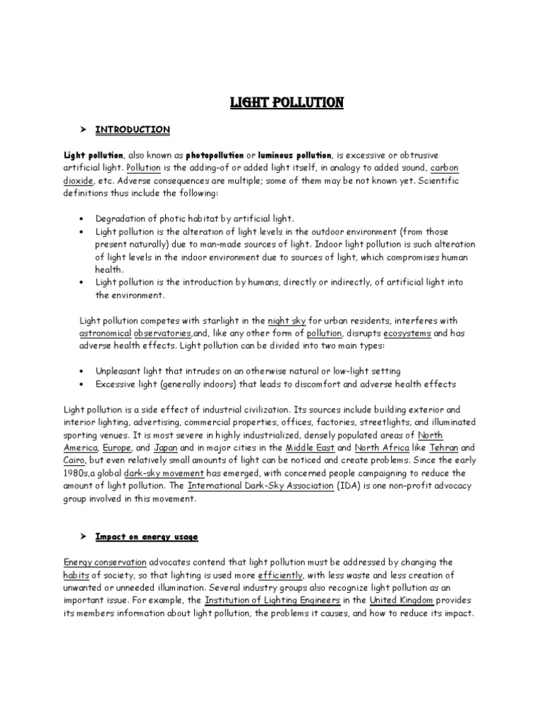 Light Pollution: Types and Impacts | PDF | Lighting | Light