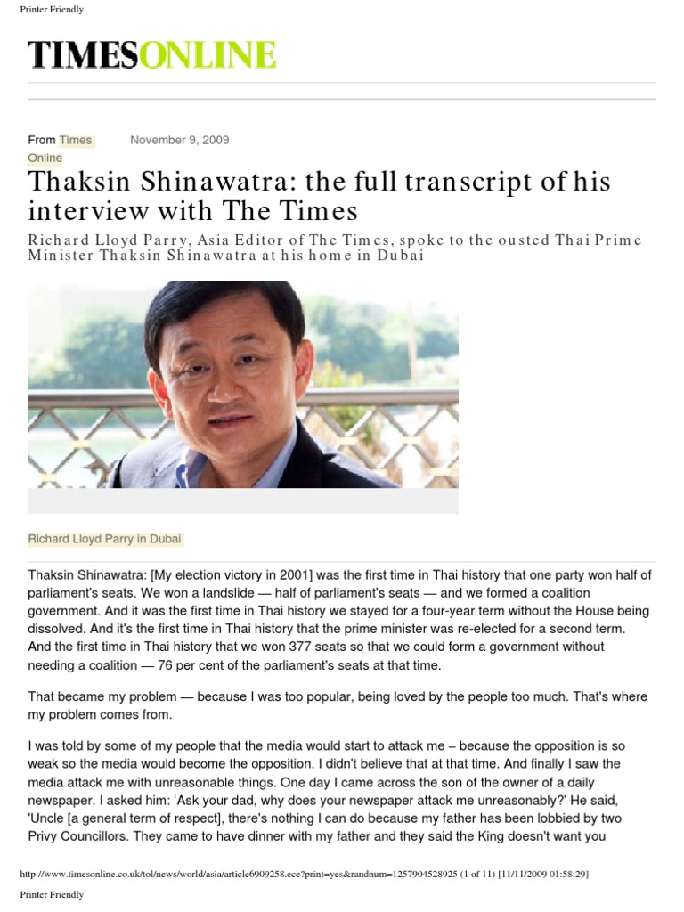 Thaksin Shinawatra: The Full Transcript of His Interview With The Times ...