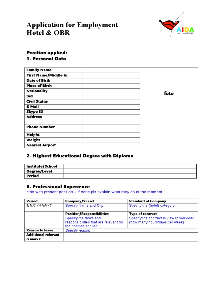 Hotel Employment Application Form | PDF
