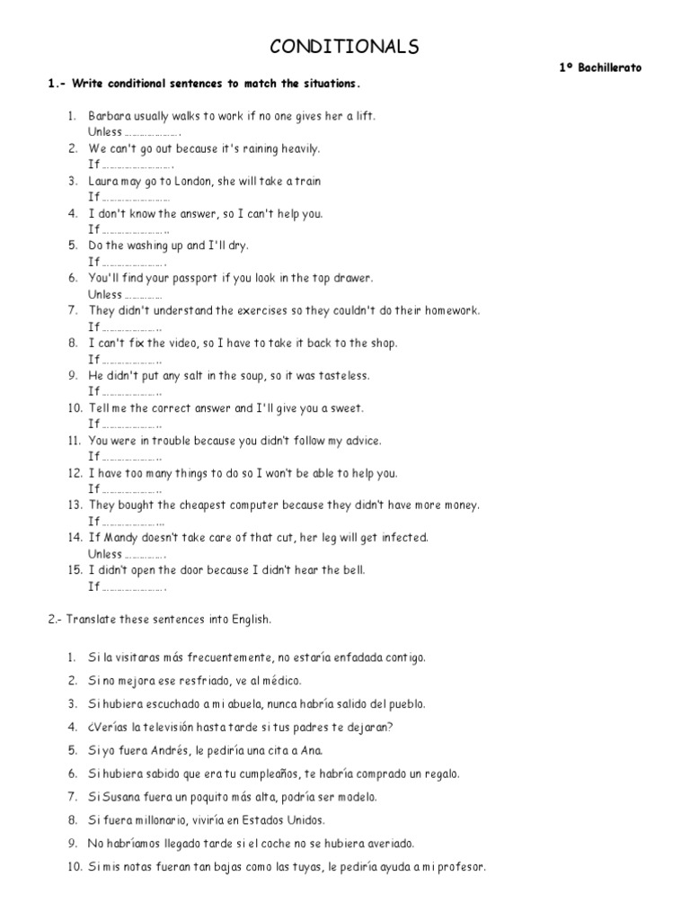 Conditionals: 1º Bachillerato 1.-Write Conditional Sentences To Match The Situations | PDF