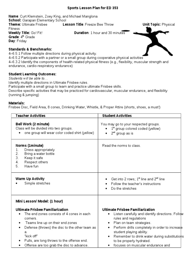 Ultimate Frisbee Lesson Plan for ED 353 | PDF | Sports | Recreation
