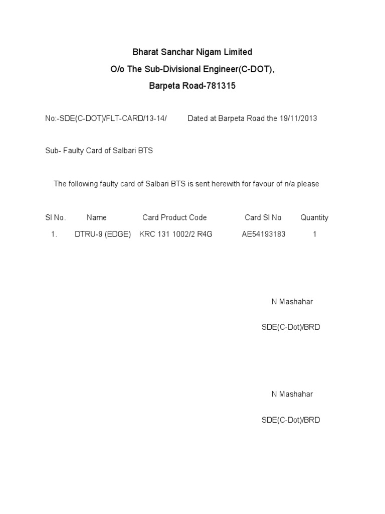 Bharat Sanchar Nigam Limited O/o The Sub-Divisional Engineer (C-DOT), Barpeta Road-781315 | PDF