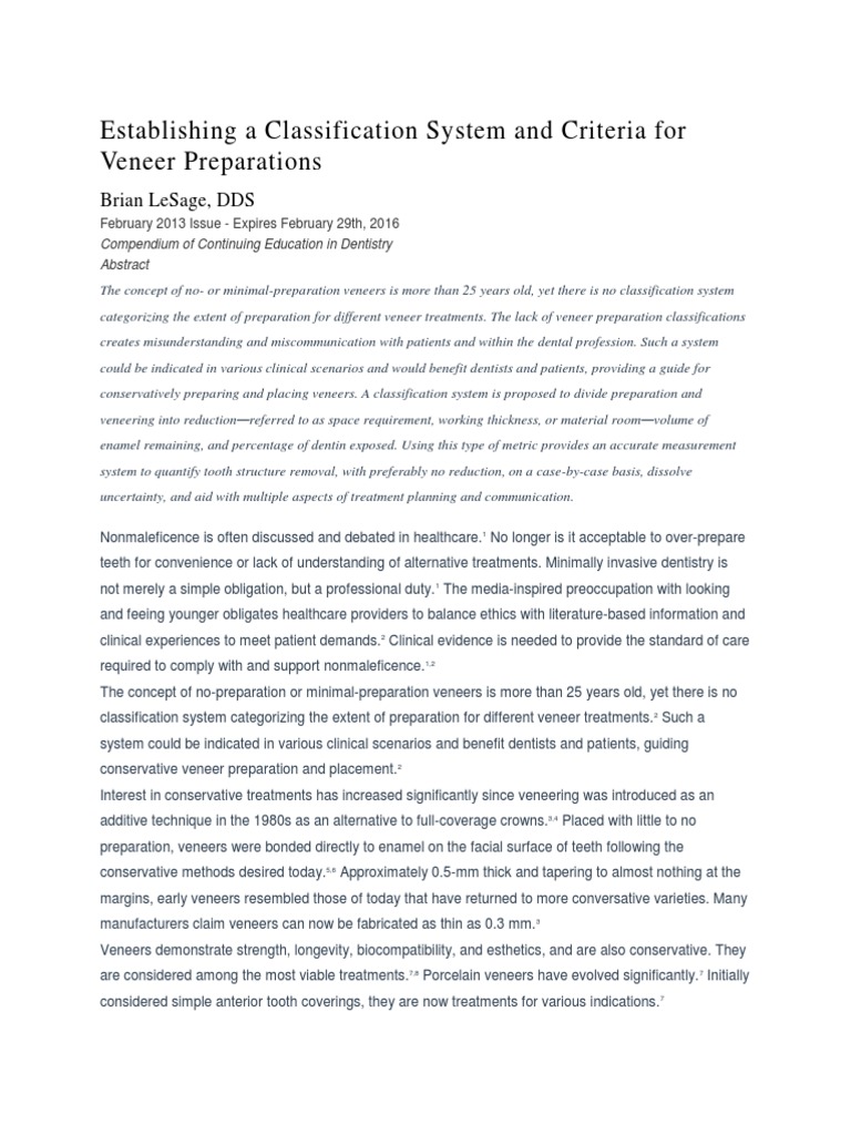Veneer Prep Classification Guide | PDF | Tooth Enamel | Dentistry