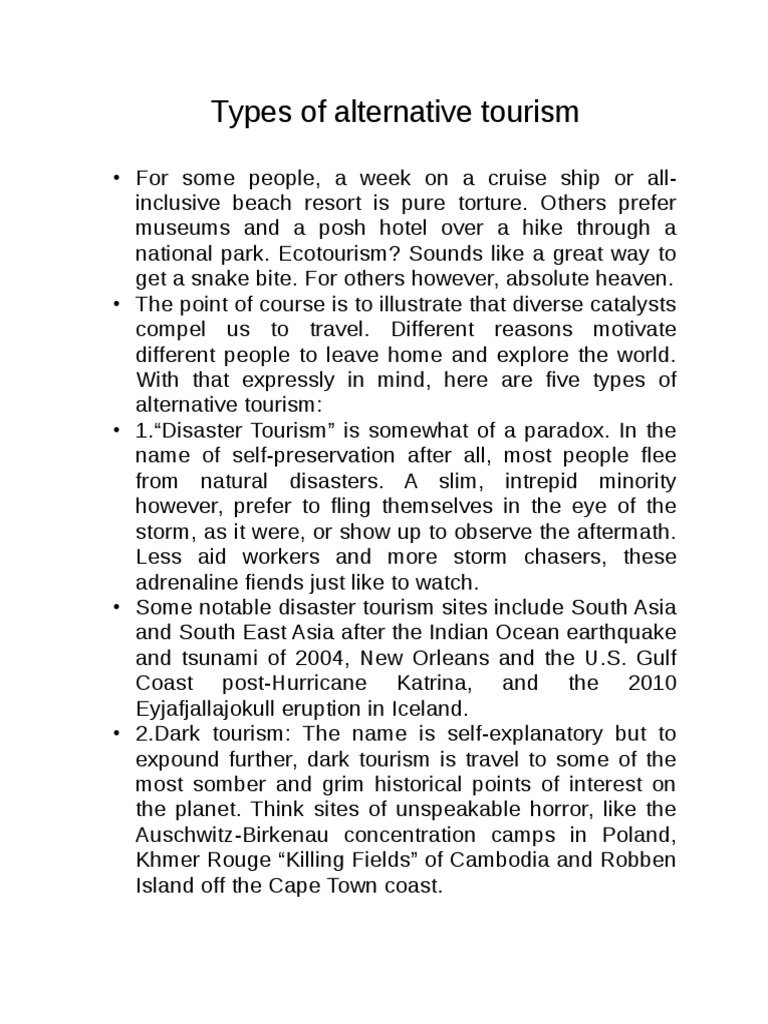 Types of Alternative Tourism | PDF | Tourism | Service Industries