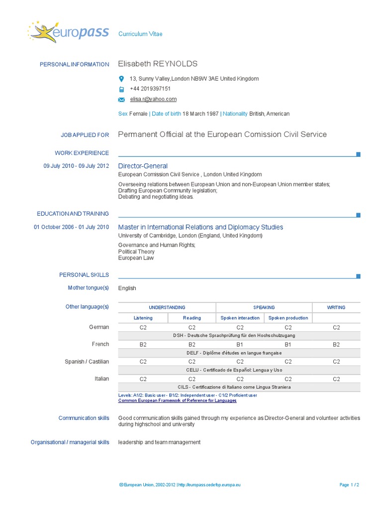 Europass CV Model | PDF | Foreign Language Studies