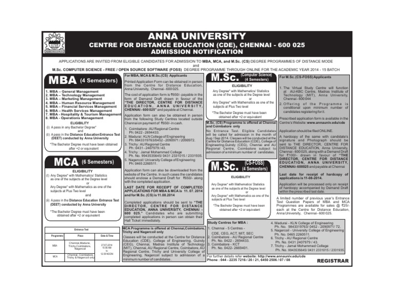 Anna University: Centre For Distance Education (Cde), Chennai - 600 025 ...