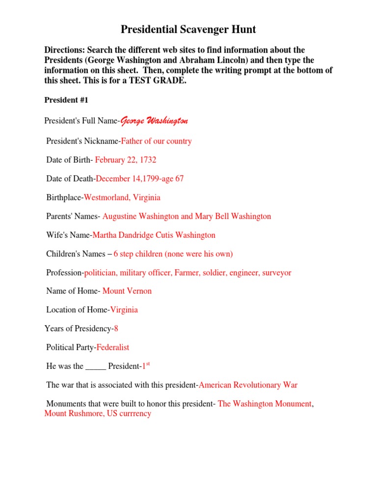 Presidential Scavenger Hunt | PDF | Abraham Lincoln | George Washington