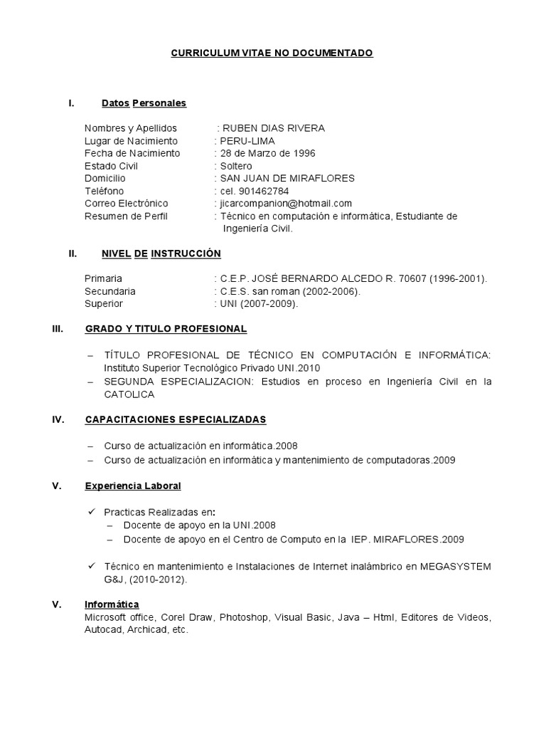 Modelo de Curriculum Vitae No Documentado | PDF