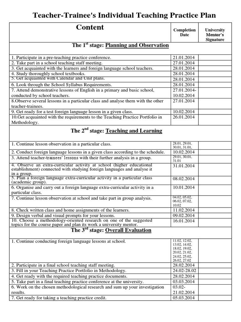 Teacher-Trainee's Individual Teaching Practice Plan Content: The 1 ...