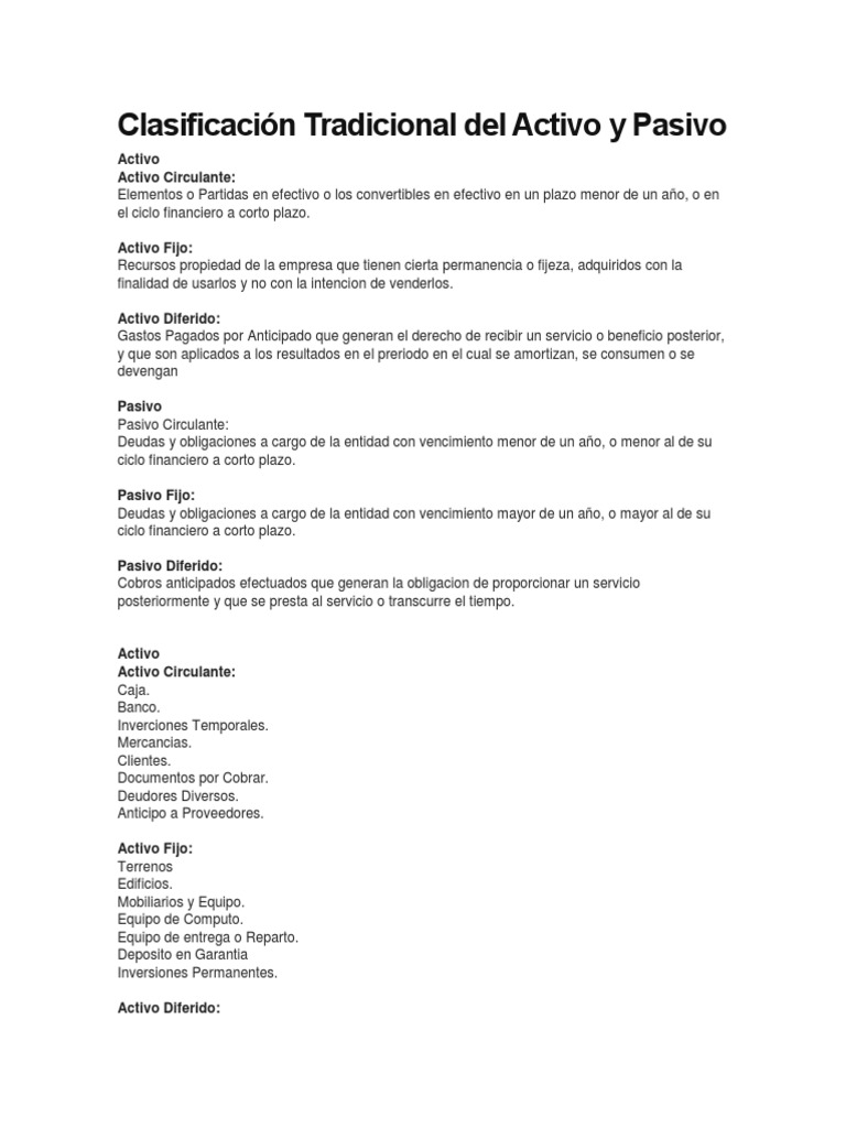 Clasificación Tradicional Del Activo y Pasivo | PDF