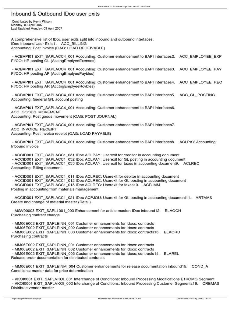 Inbound & Outbound IDoc User Exits | PDF | Point Of Sale | Invoice