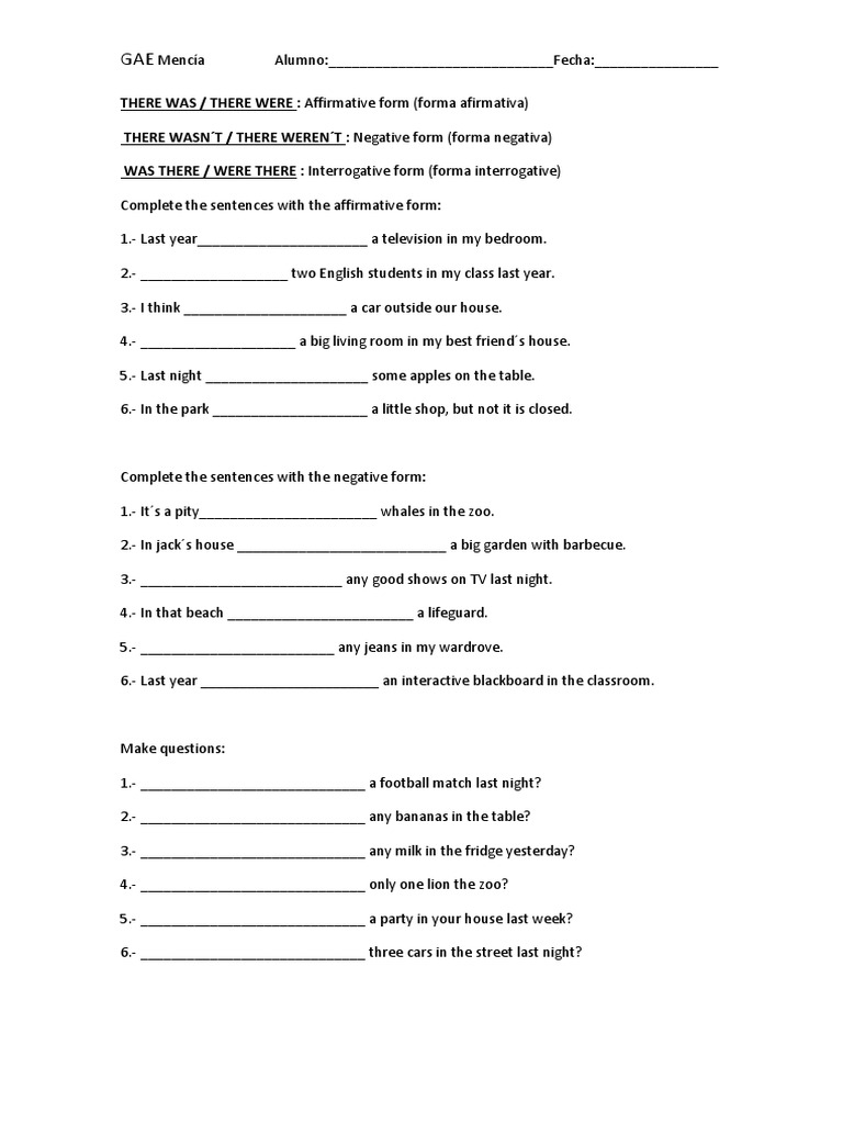 There Was/Were Exercises for Students | PDF