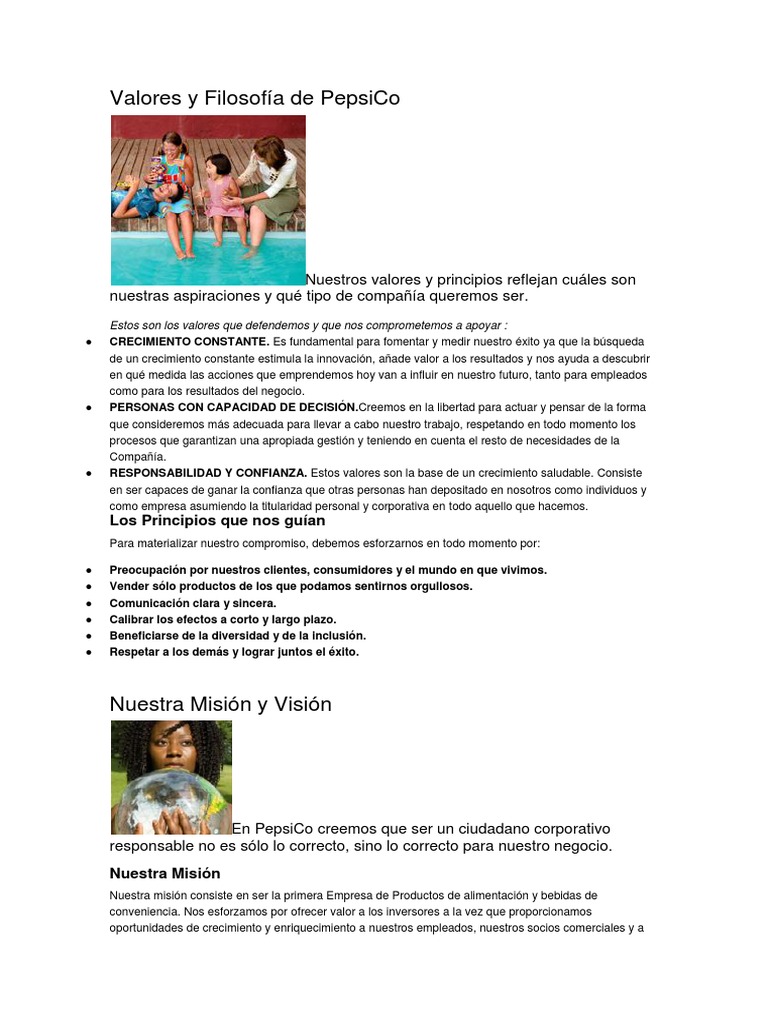 Misión, Visión y Valores de PepsiCo | PDF | Pepsi Co | Economias