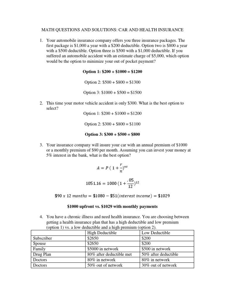 Math Questions and Solutions | PDF | Deductible | Insurance