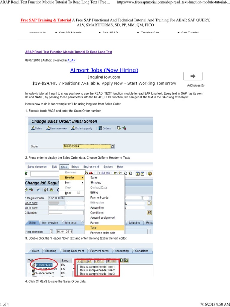 Abap Read Text Function Module Tutorial To Read Long Text Free Sap Tutorial Sap Functional
