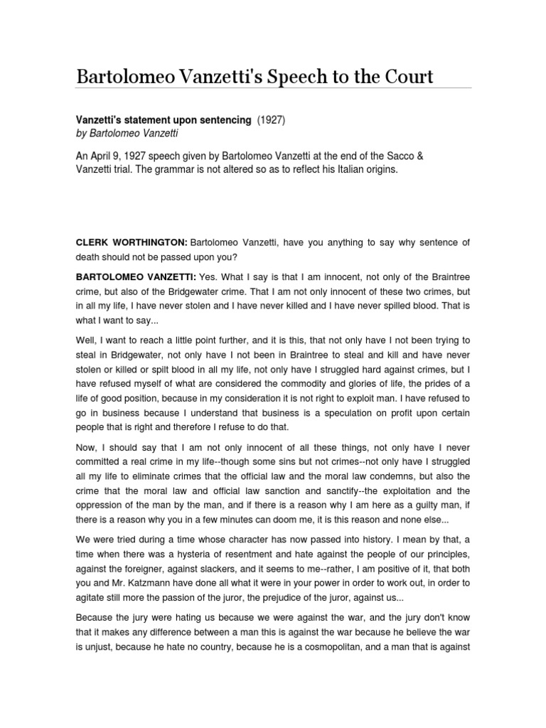 Vanzetti Speech to the Court | Prosecution | Crimes