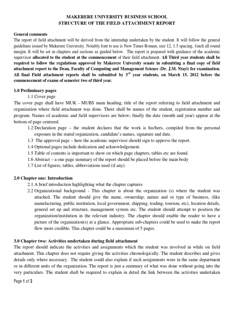Field Attachment Report Format For All Third Year Students Final For 