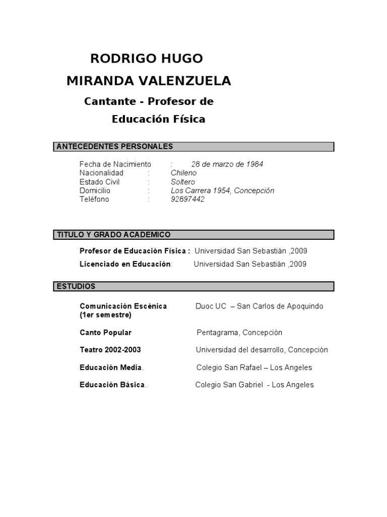 Curriculum Rodrigo Miranda | PDF | Chile | Entretenimiento (general)