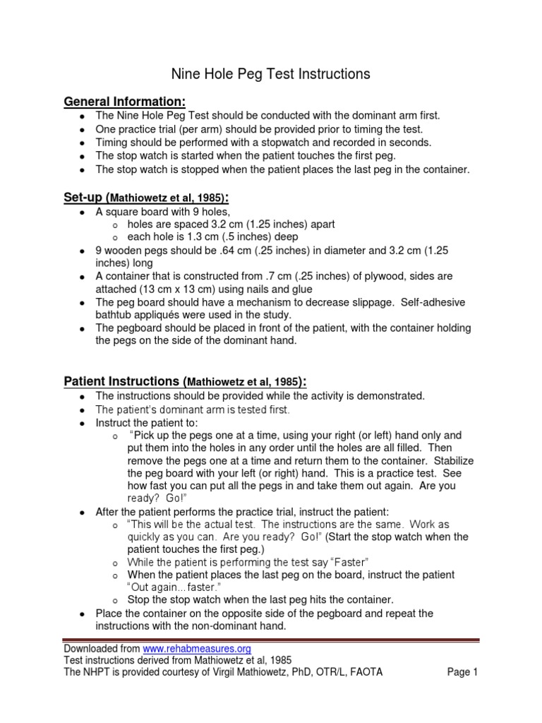Nine Hole Peg Test | PDF | Wellness | Medical