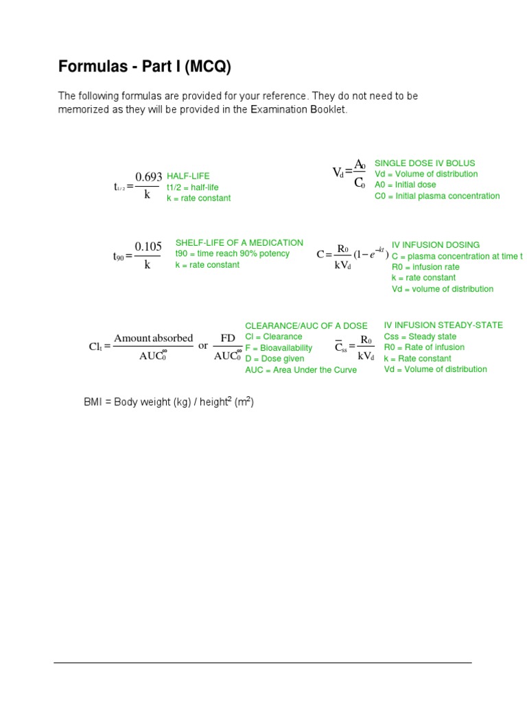 Pharmacokinetics Formulas Guide | PDF