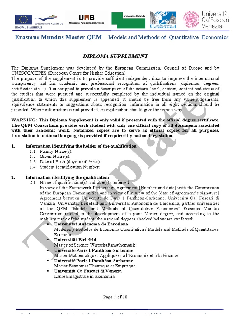 Template Diploma Supplement | PDF | Academic Degree | Qualifications