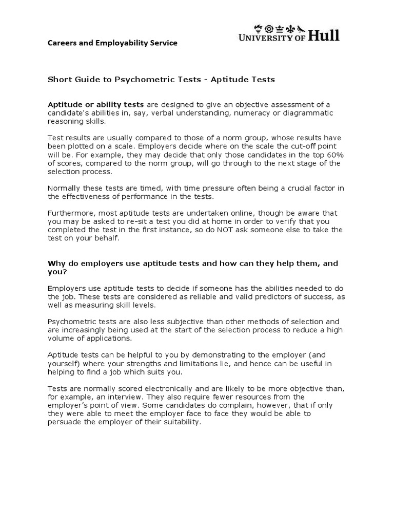 Short Guide To Psychometric Tests Aptitude | PDF | Psychometrics | Test ...