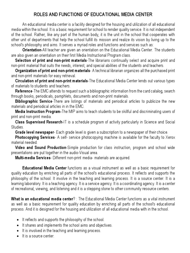 Functions of Educational Media Centers | PDF | Librarian | Mass Media