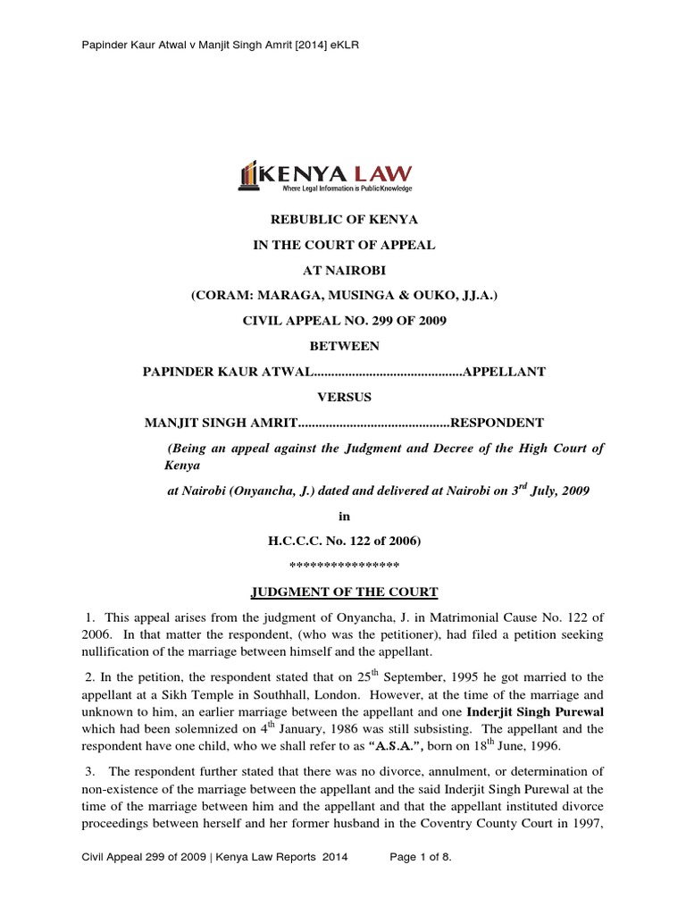 Papinder Kaur Atwal V Manjit Singh Amrit (2014) EKLR | PDF | Marriage ...