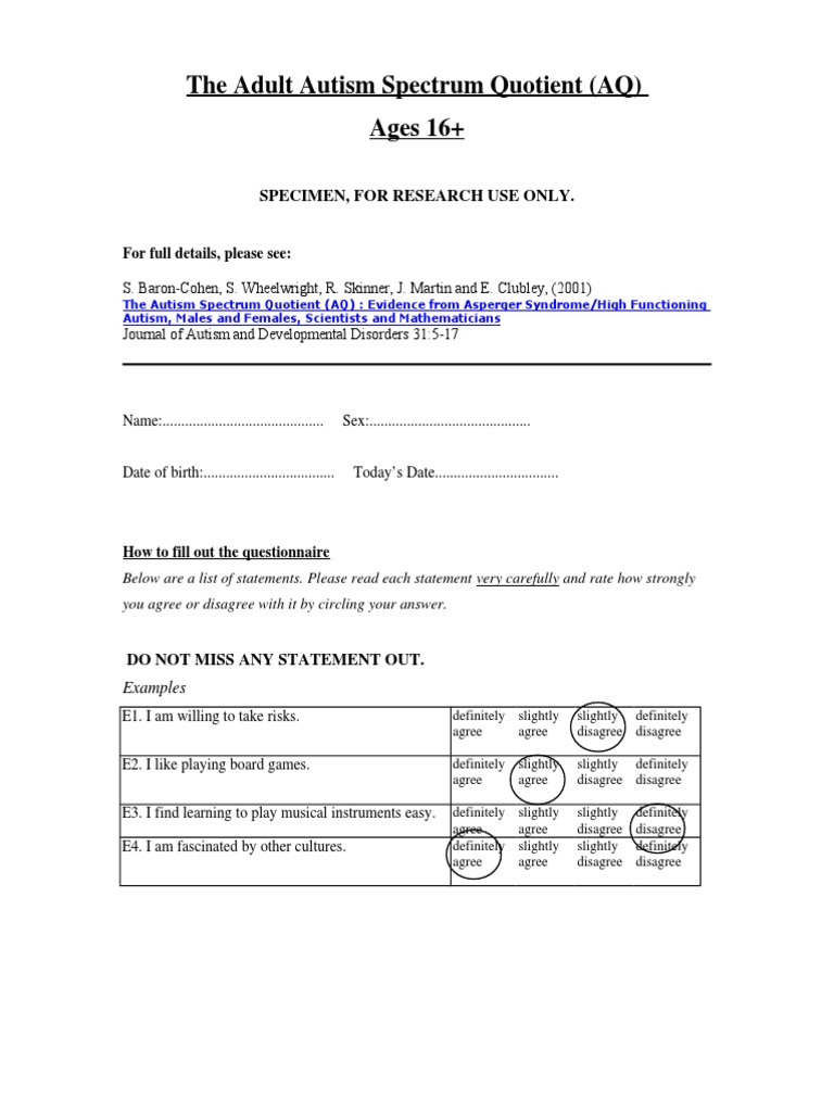 The Adult Autism Spectrum Quotient (AQ) Ages 16+: Specimen, For Research Use Only | PDF ...