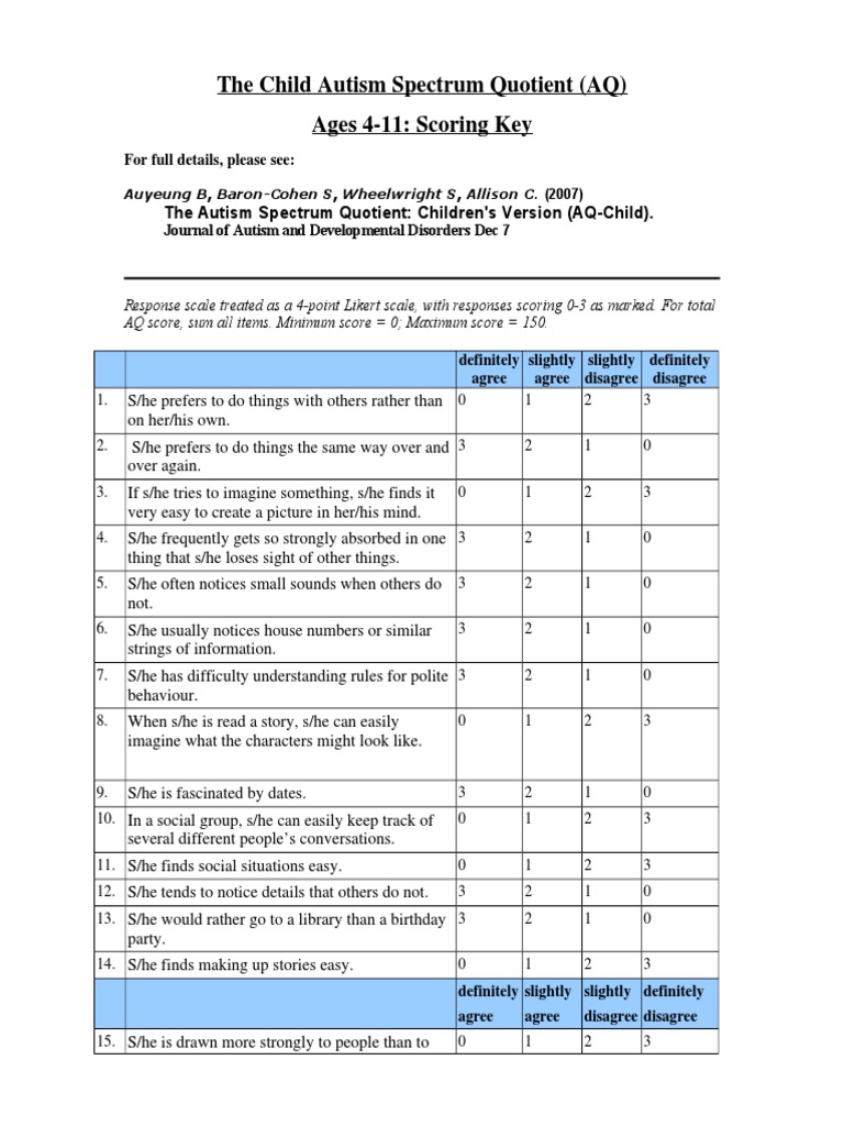 AQ Child Scoring Key | PDF | Autism Spectrum | Clinical Psychology
