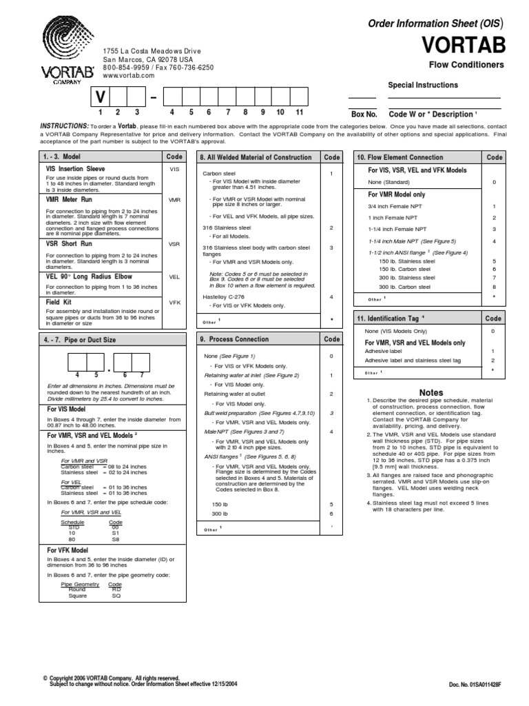 Vortab OIS Rev F | PDF | Pipe (Fluid Conveyance) | Flow Measurement