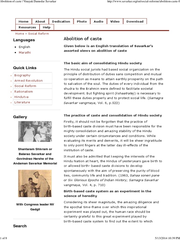 Abolition of Caste - Vinayak Damodar Savarkar | PDF | Caste | Dharma