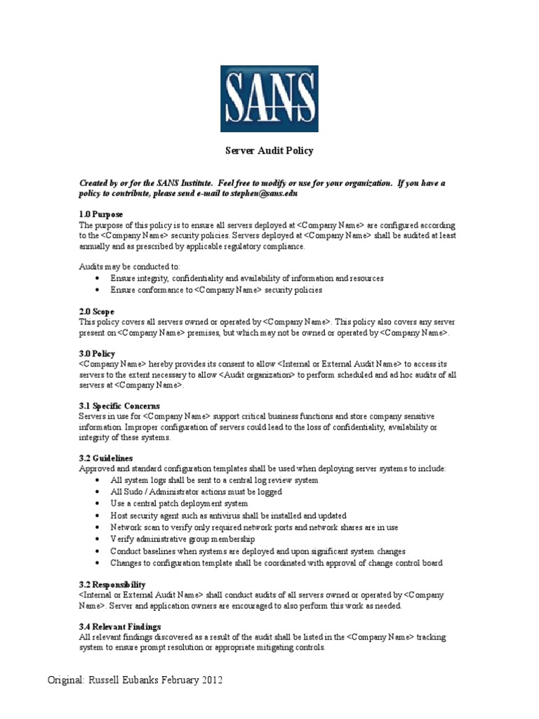 SANS Audit Policy | PDF | Audit | Server (Computing)