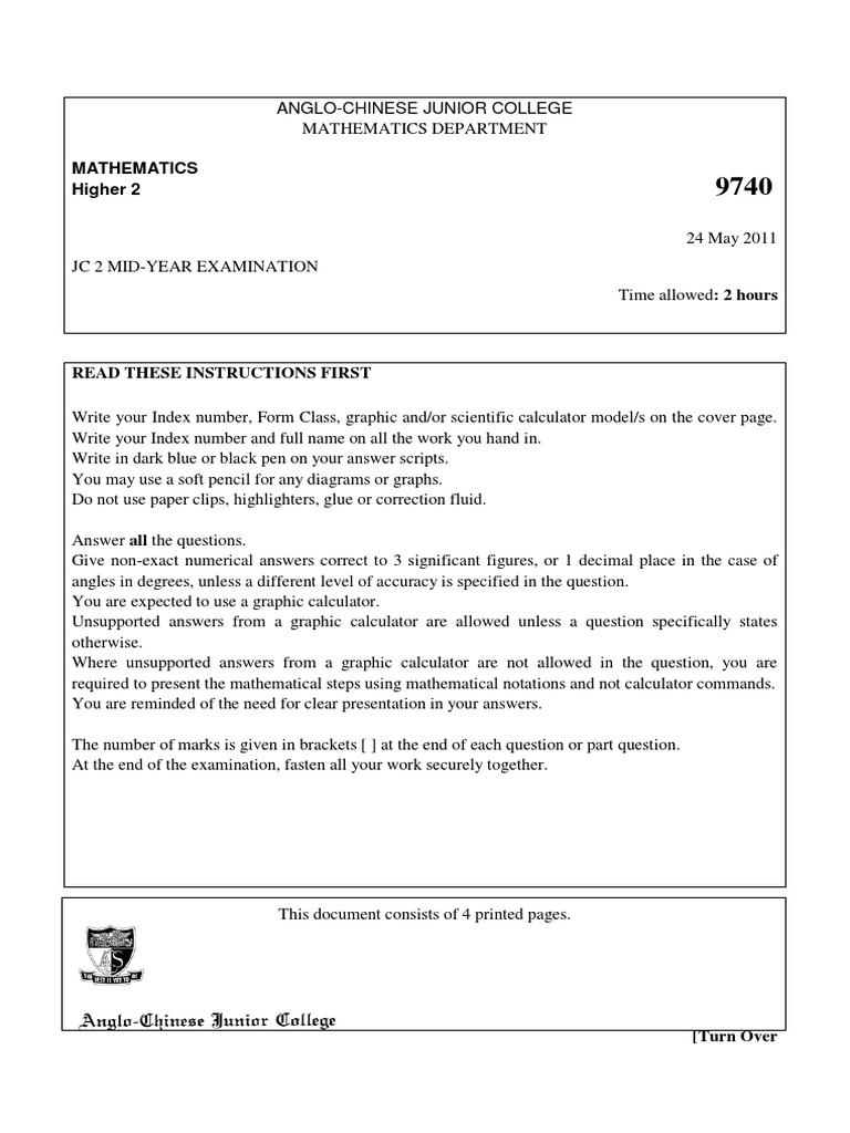 ACJC JC 2 H2 Maths 2011 Mid Year Exam Questions | PDF | Poisson Distribution | Teaching Mathematics