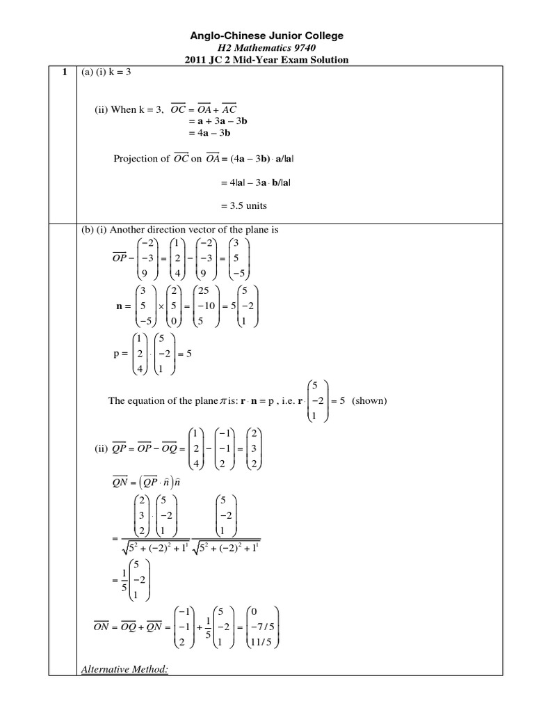 ACJC JC 2 H2 Maths 2011 Mid Year Exam Solutions | PDF | Space | Algebra