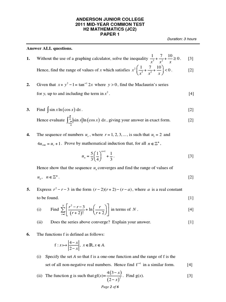 AJC JC 2 H2 Maths 2011 Mid Year Exam Question Paper 1 | PDF | Cartesian ...