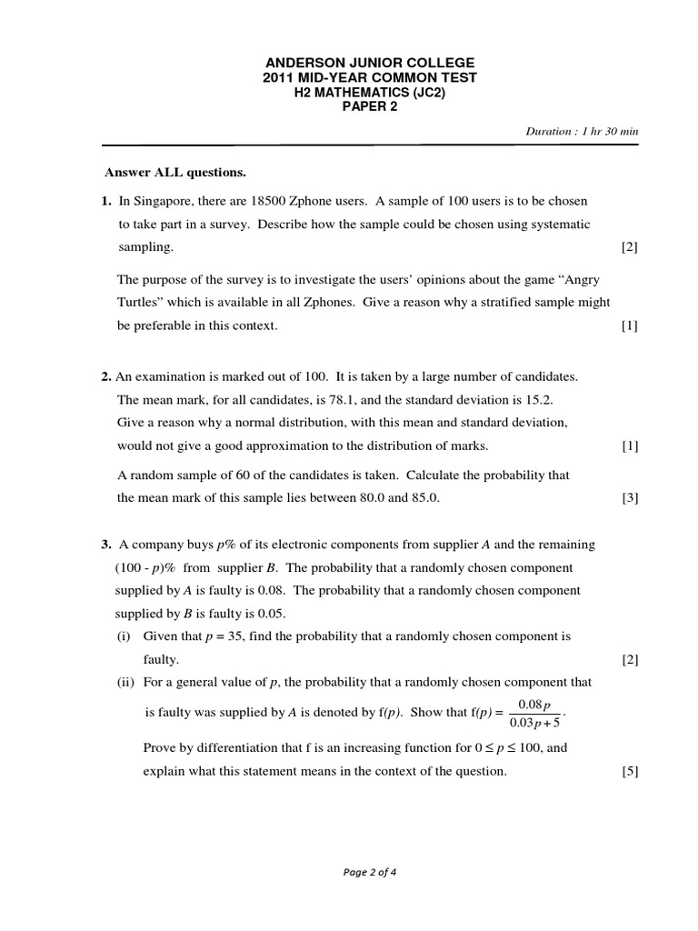 AJC JC 2 H2 Maths 2011 Mid Year Exam Question Paper 2 | Download Free ...