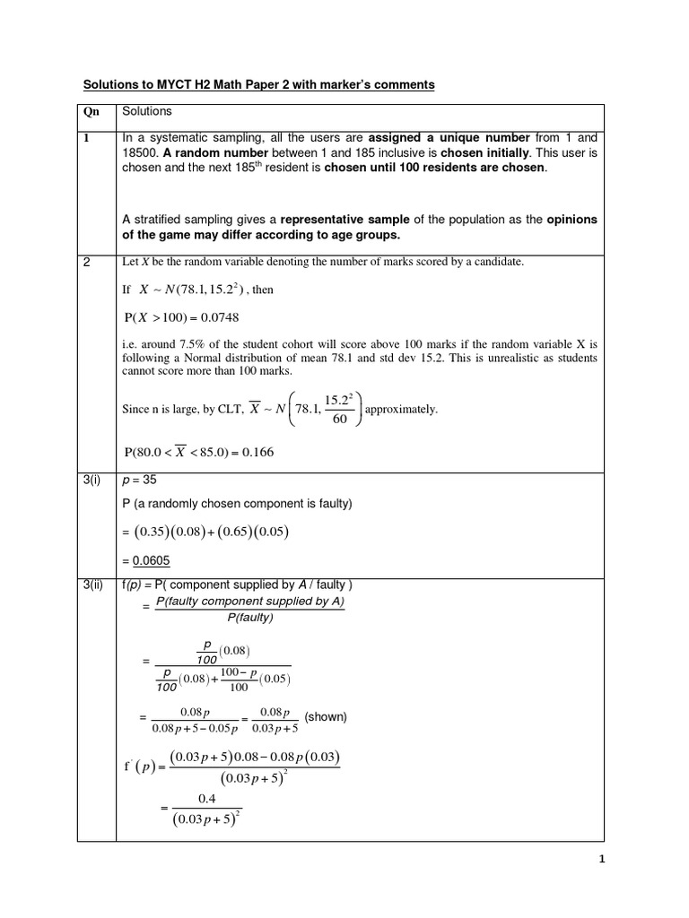 AJC JC 2 H2 Maths 2011 Mid Year Exam Solutions Paper 2 | PDF ...
